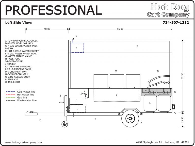 Professional Hot Dog Cart | Stainless Grill | 4 Sinks | 9 Steam Pans